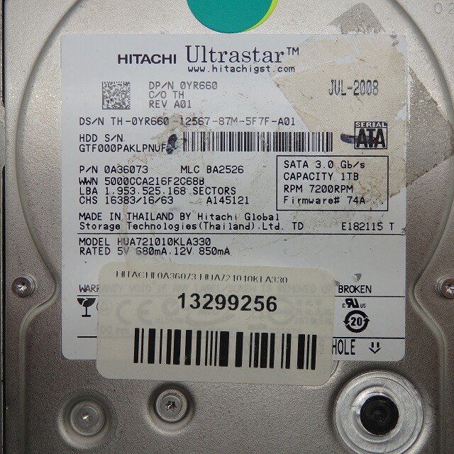 Dell YR660 Hitachi HUA721010KLA330 1TB 7.2K 3.5" SATA Hard Drive w ...