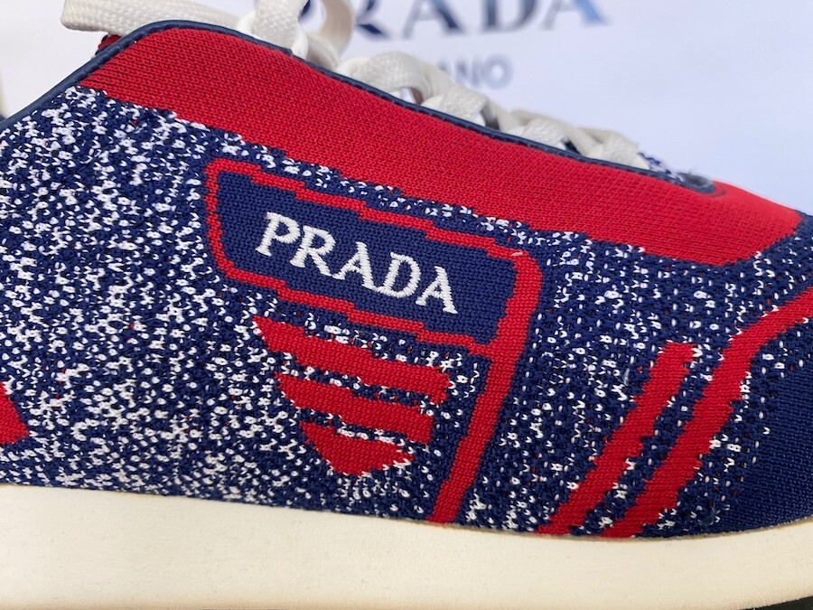 PRADA 2EG272 RED BLUE FABRIC TRAINERS KNIT LOGO LACE UP SNEAKERS US 8 ...