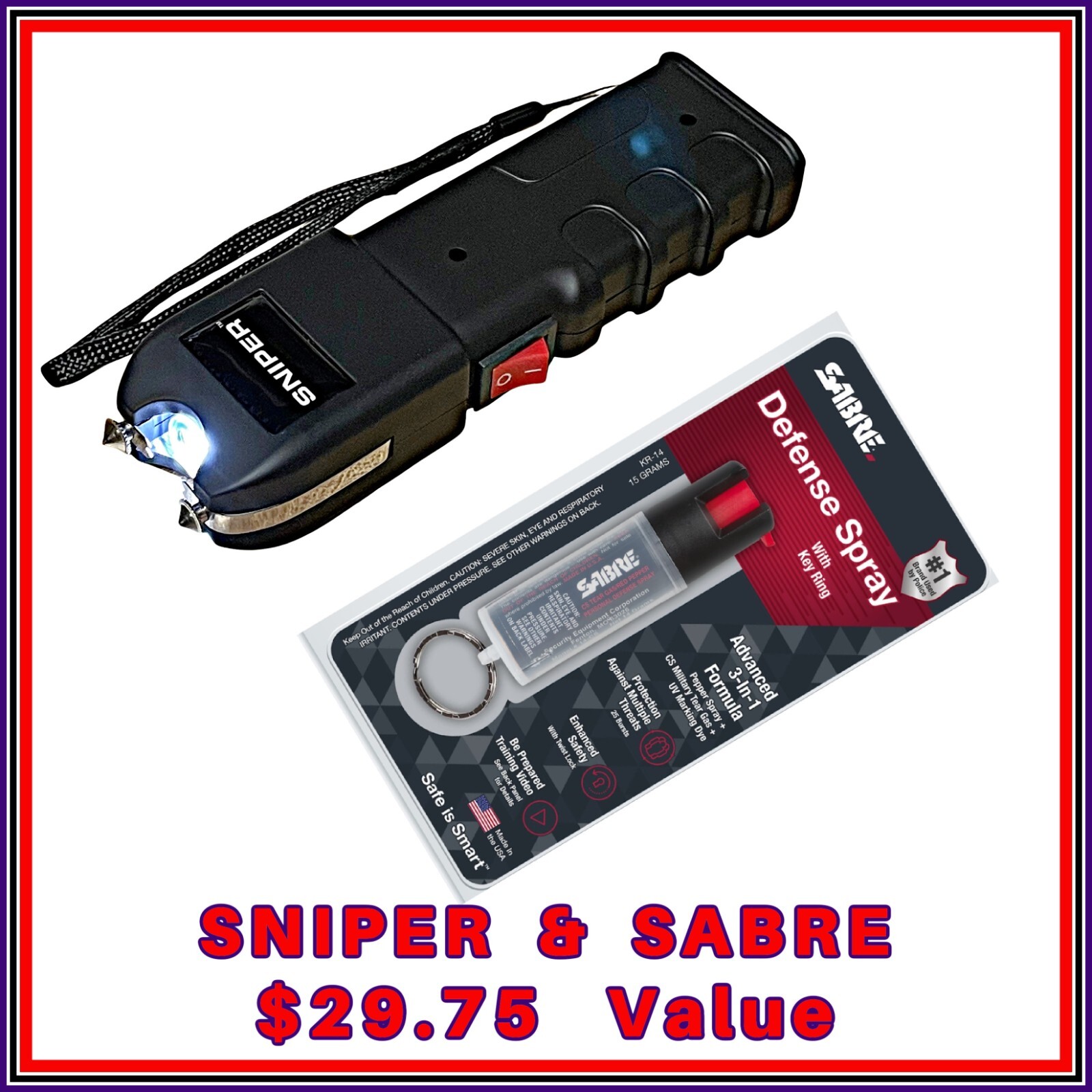 SNIPER Stun Gun 775 BV & SABRE Pepper Spray COMBO RETAIL $29.75 Value