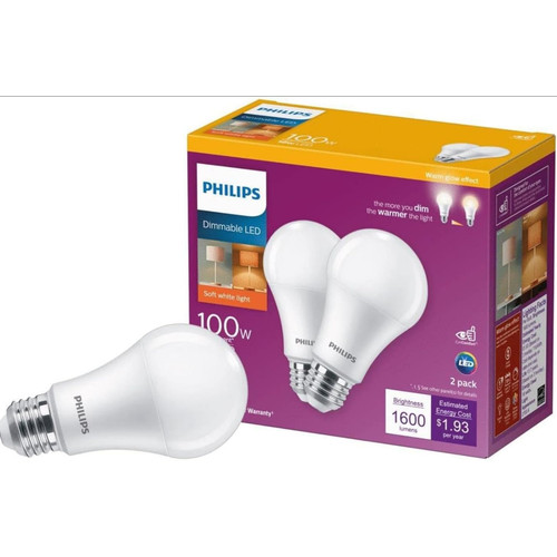2PK Philips LED Light Bulbs 100W 1600 Lumens Dimmable Soft White 561772 ...