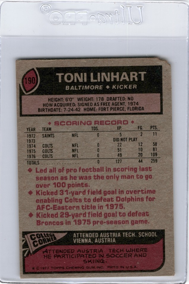 1977 Topps #190 Toni Linhart Baltimore Colts NFL Vintage Football Card ...