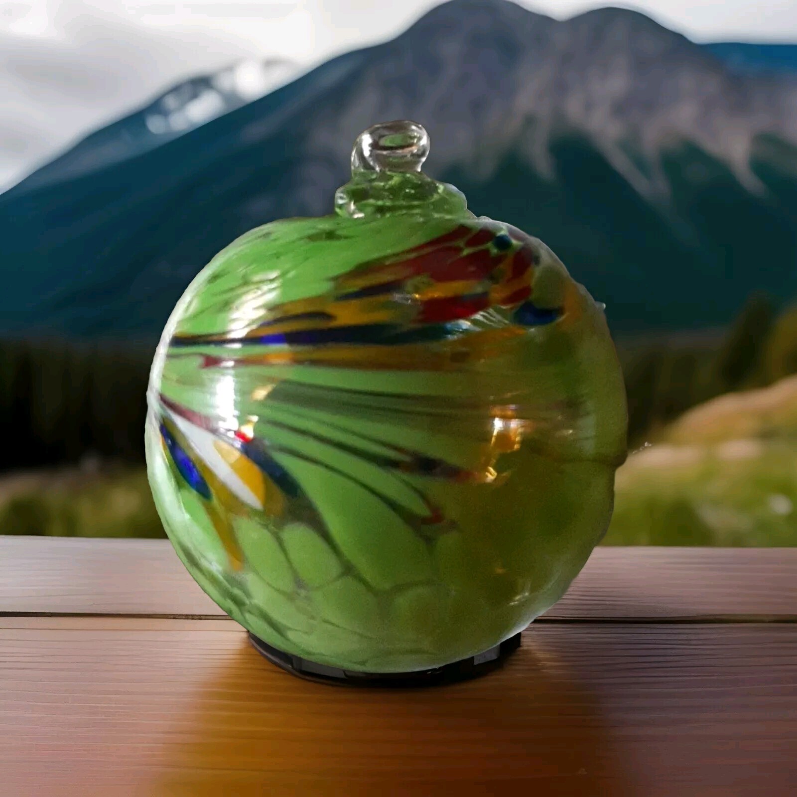 Hanging Glass Ball 4" Diameter Chartreuse Specks with Colored Swoosh ...