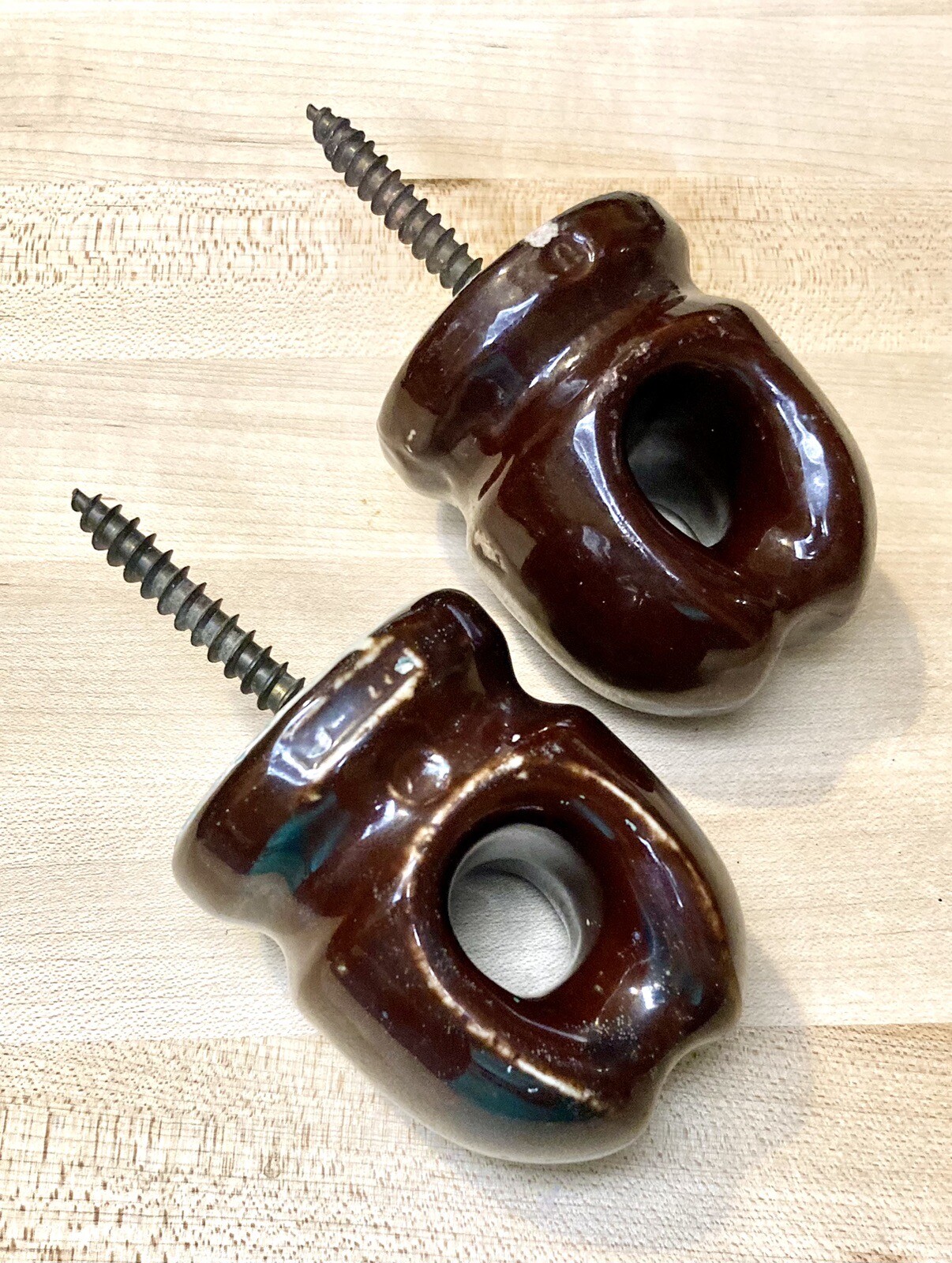 2 Vintage Glazed Brown Ceramic Porcelain Power Line Insulator Screw In ...