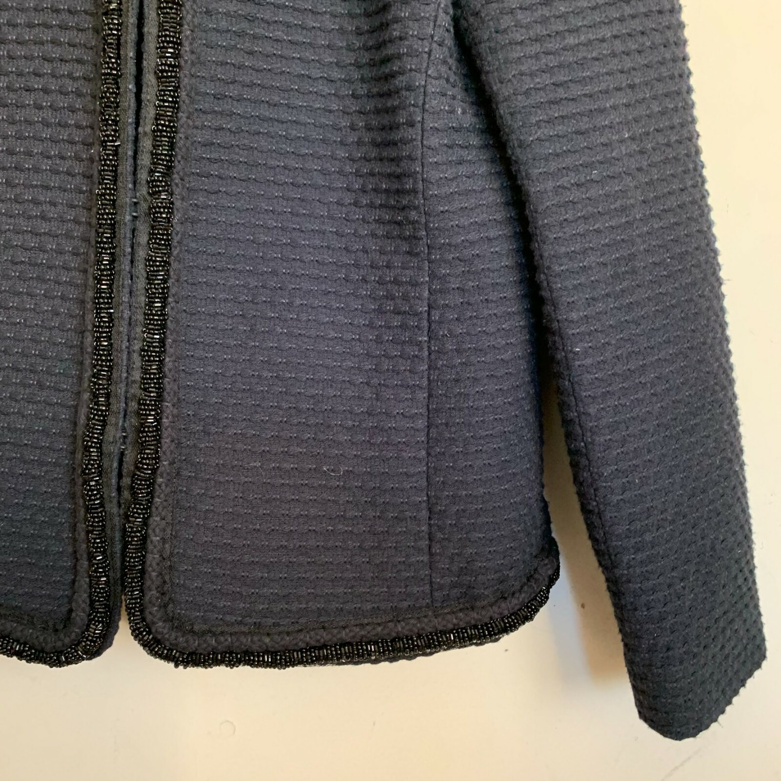 Ann Taylor Jacket Navy Collarless 3/4 Sleeve Bead Trim Lined Hook Eye ...