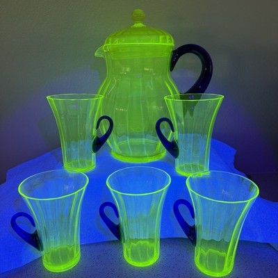 Vintage 1930s Fenton Topaz Vaseline Drink Set Cobalt Handles Pitcher ...
