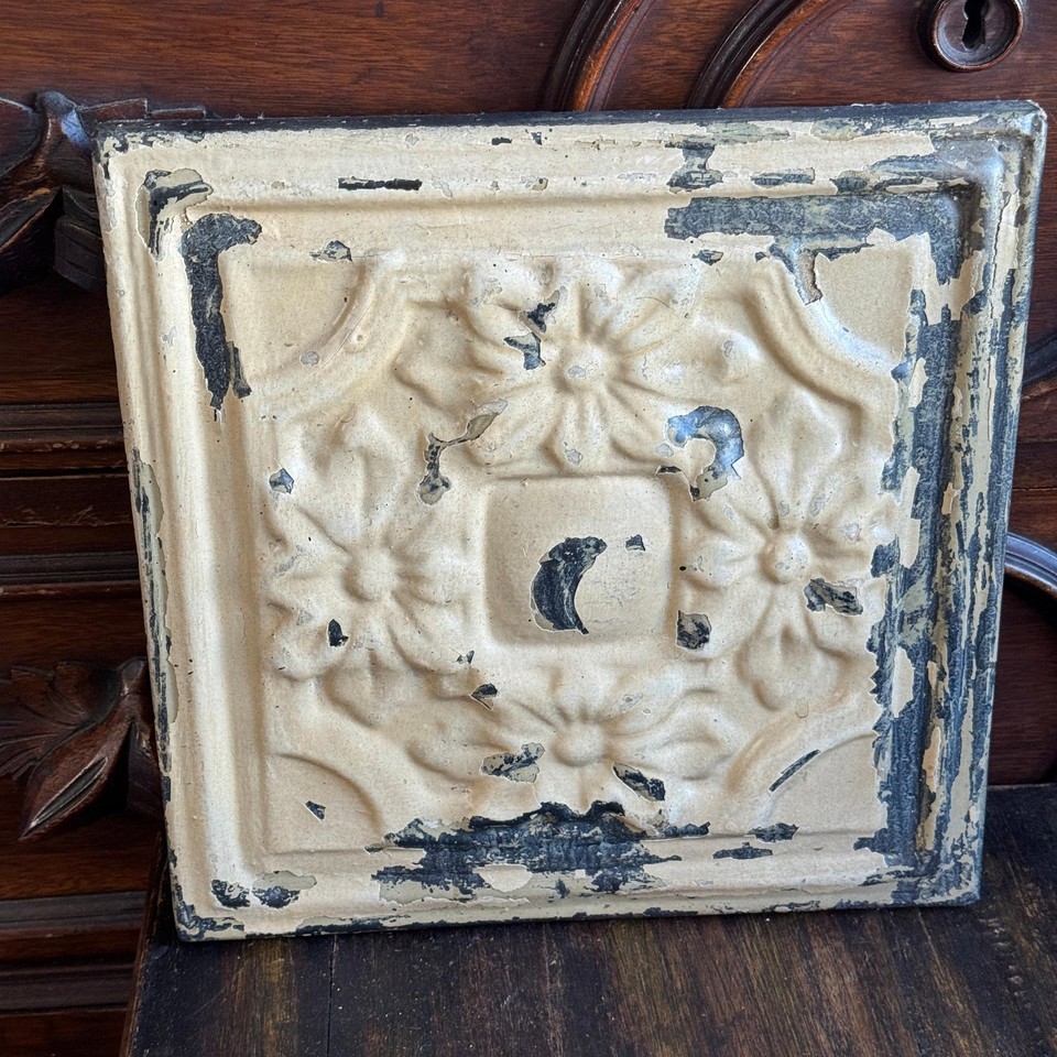 Restored Antique Soft White Chippy Floral Ceiling Tin Framed Art | eBay