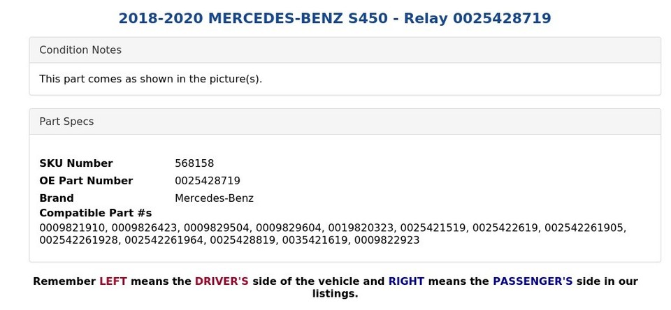 2018-2020 MERCEDES-BENZ S450 - Relay 0025428719 | eBay