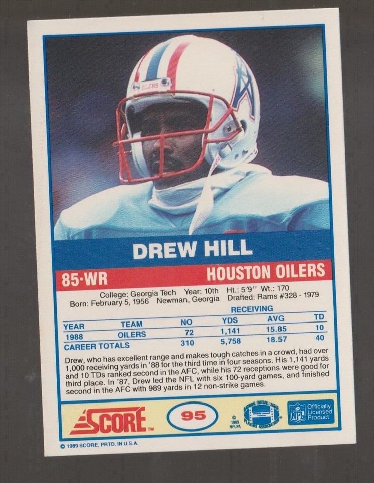 1989 Score Drew Hill Houston Oilers #95 Near Mint or Better | eBay