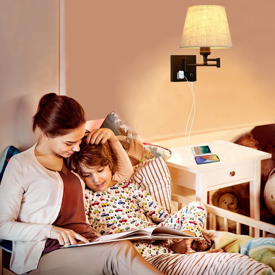 Bedside Wall Mount Light with Dimmable Switch and Outlet, Swing Arm ...