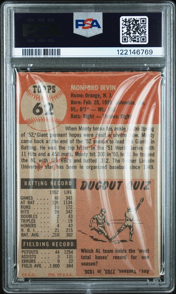 1953 Topps #62 Monte Irvin PSA 4 MC Very Good-Excellent!! | eBay