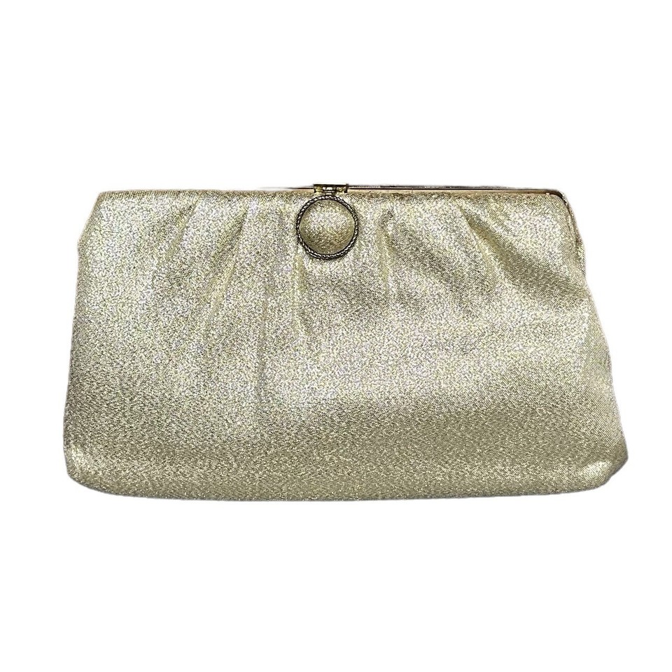 Vintage Metallic Gold Push Lift Lock Evening HandBag Purse Framed Chain ...