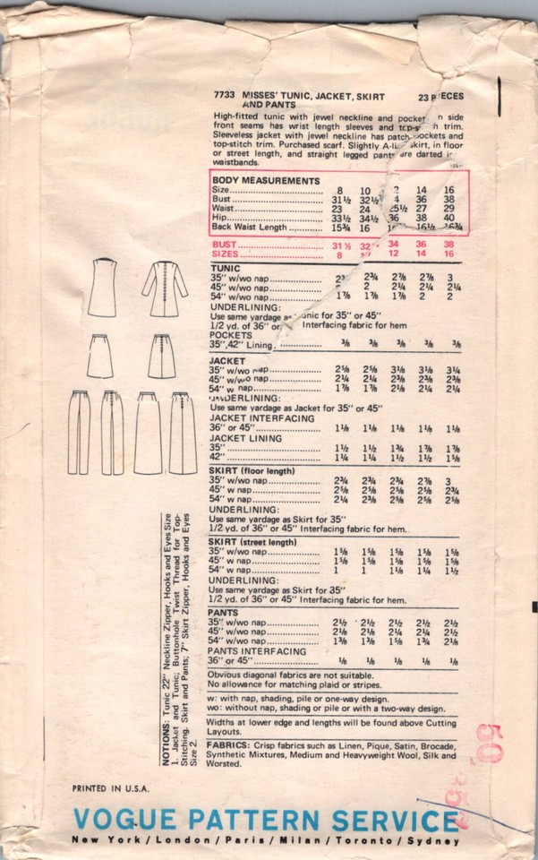 Vintage Vogue 7733 Tunic Jacket Pants Skirt Sewing Pattern Misses Size ...