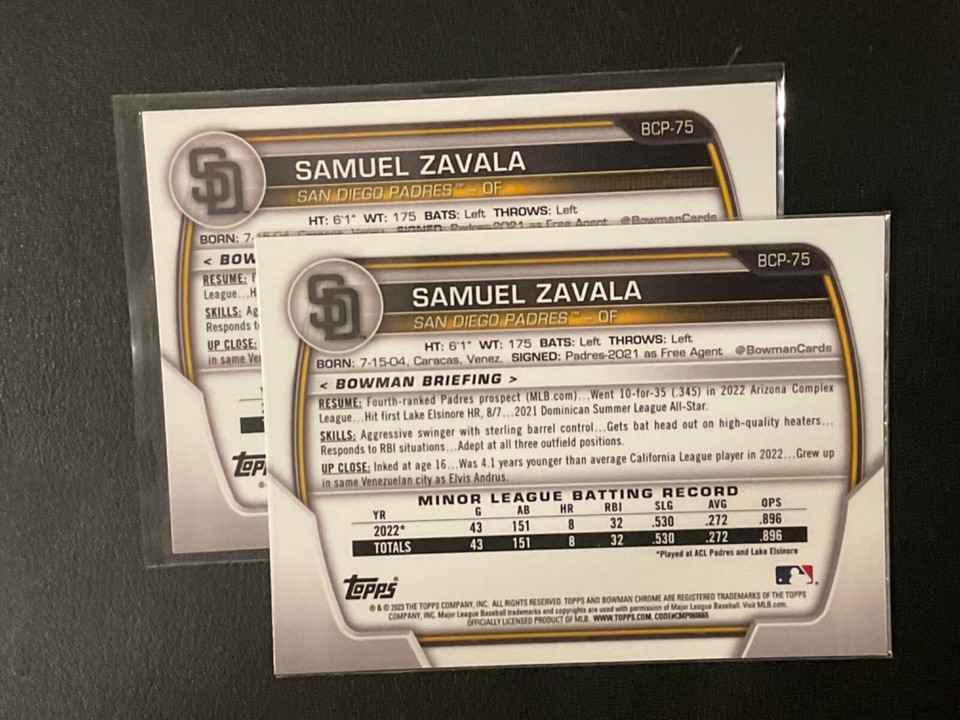 Samuel Zavala 2023 Bowman Chrome Lot x2 San Diego Padres Prospect BCP ...