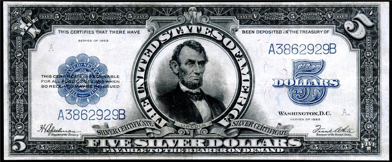 HGR SUNDAY 1923 $5 Silver Cert (Rare LINCOLN Porthole) VERY LIGHTLY ...