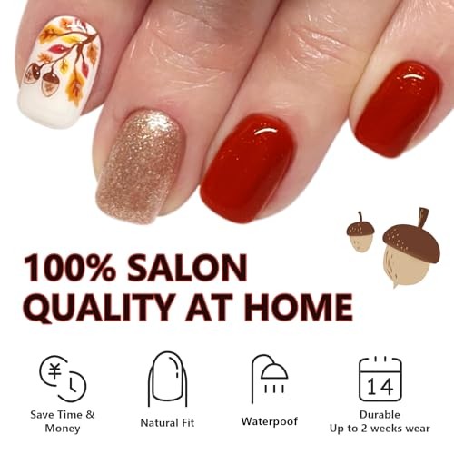 24 Fall Press on Nail Square Short Maple Leaf French Tip Fake Nails Ons ...