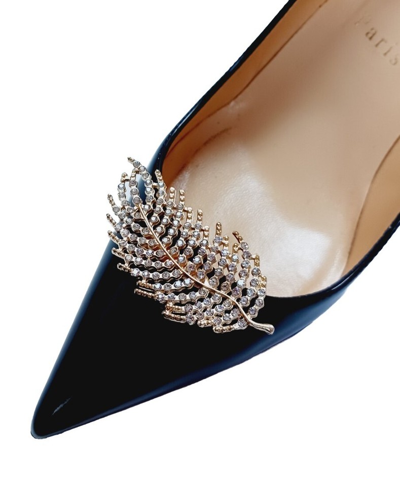 Feather Shoe Clips with Rhinestones, Shoe Accessory, Color: Gold | eBay