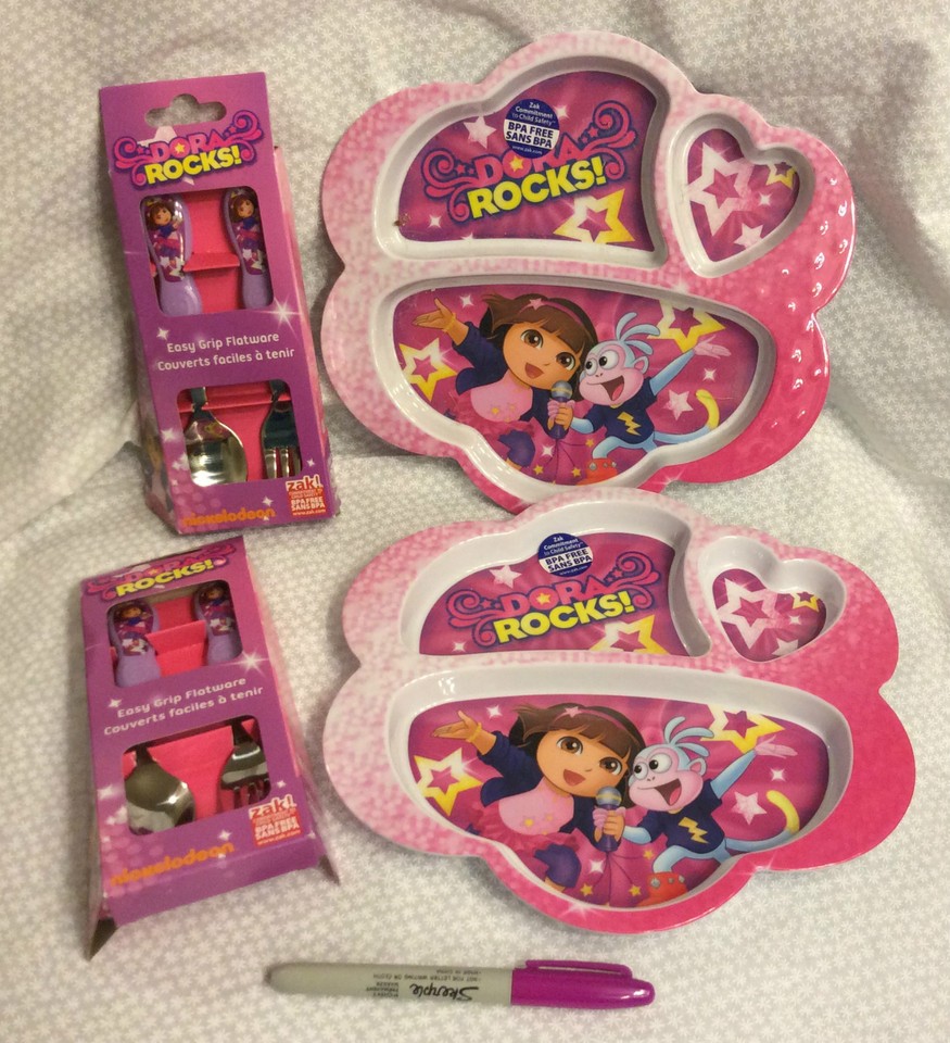 New~Two Zak DORA Toddler Plates w/2 DORA Forks & 2 DORA Spoons-ship ...