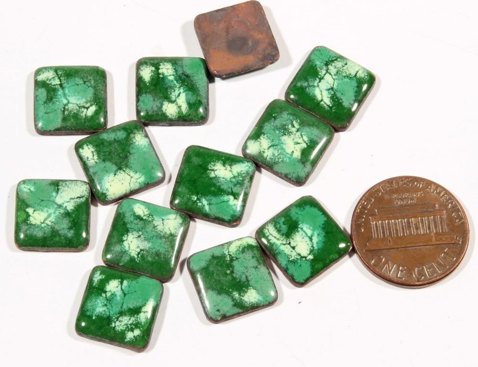 (12) vintage Czech green marbled enamel glass over metal mosaic ...