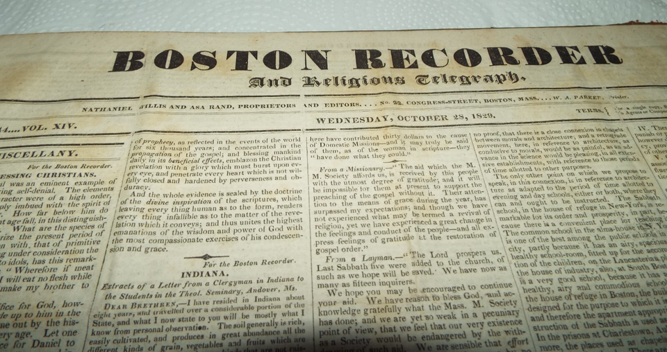 1829 BOSTON RECORDER AND RELIGIOUS TELEGRAPH NEWSPAPERS BOUND IN FOLDER ...