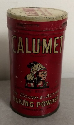 VINTAGE CALUMET BAKING POWDER RED TIN CONTAINER CAN NATIVE AMERICAN ...