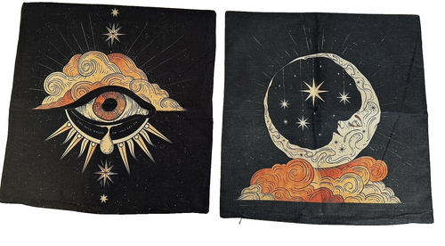 Pair Throw Pillow Covers 18x18, whimsigoth, sun, seeing eye moon, black ...