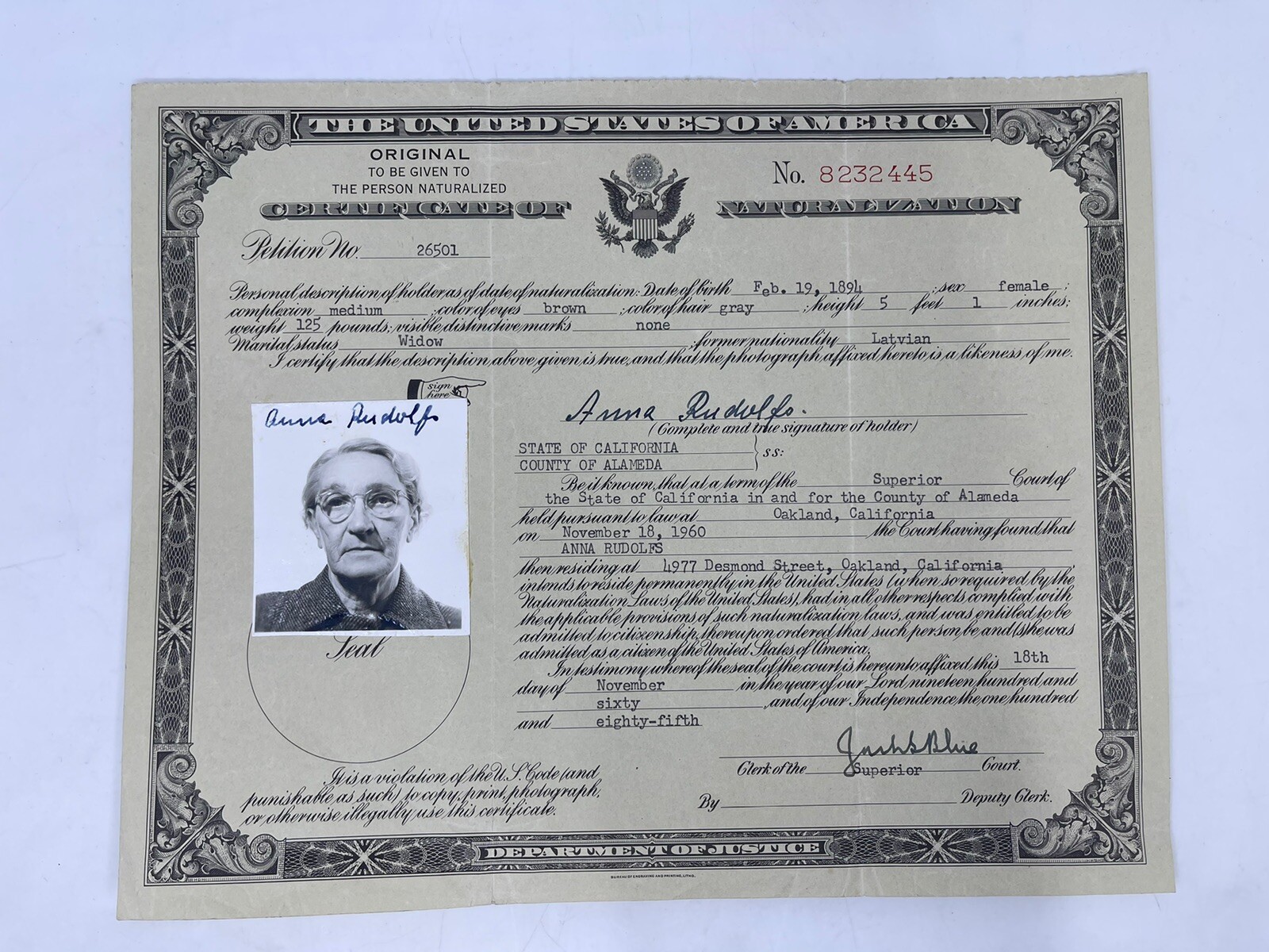 Original US Certificate of Naturalization Feb 19, 1973 California Photo ...