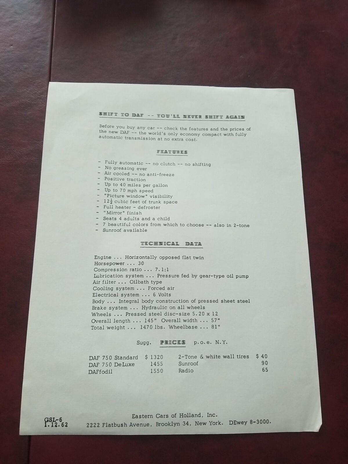 1962 DAF EASTERN CARS OF HOLLAND- SPEC SHEET & PRICE LIST | eBay