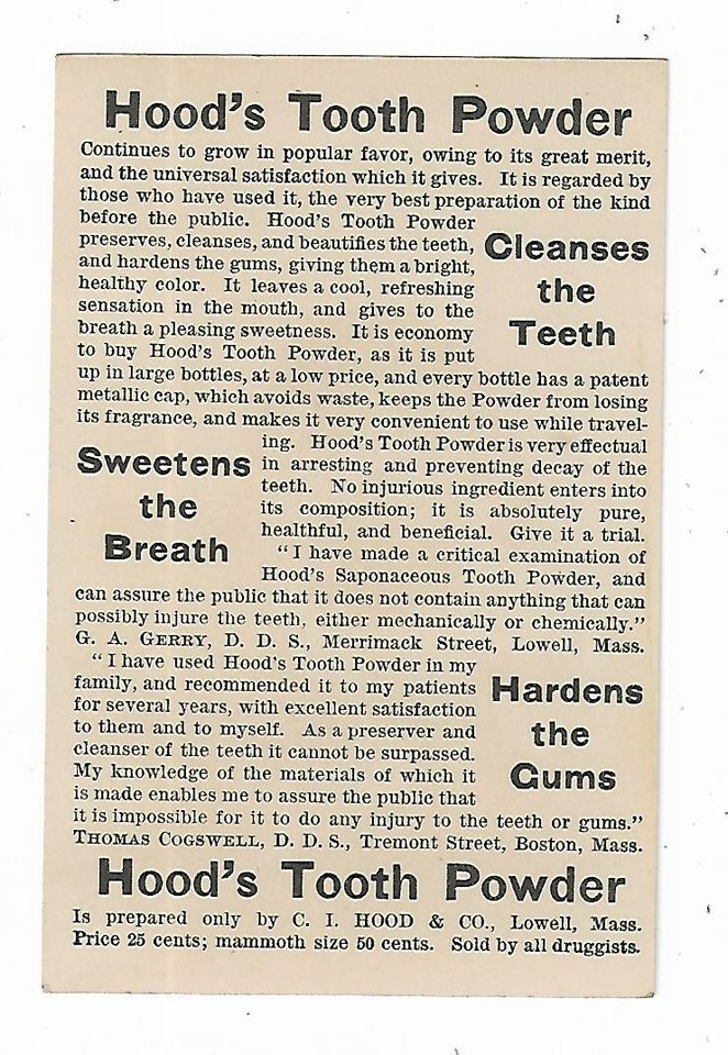 Old Dental Trade Card Hood's Tooth Power CI Hood Lowell MA Cleanses ...