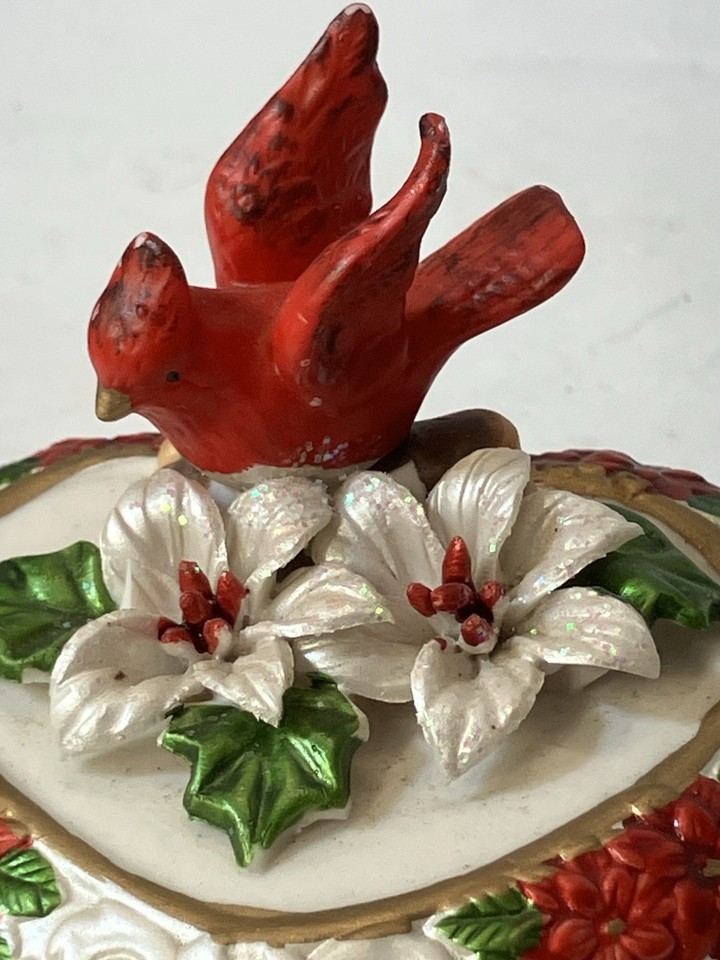 Ceramic Cardinal Trinket Box Heart Shape Poinsettia Red Green White 4 ...