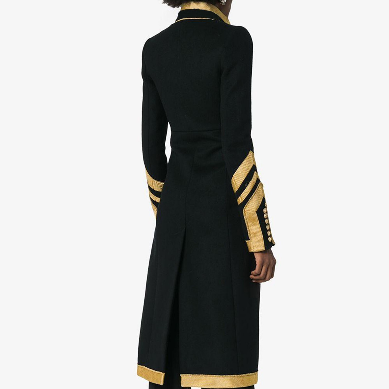 New Women Custom Black Paco Rabanne Paris Fashion Long Coat Gold Braid ...