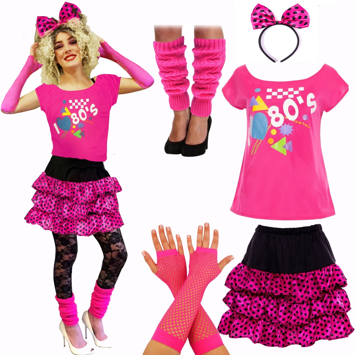 80's FANCY DRESS 6 PIECE LADIES RARA COSTUME NEON 80S SET NEON PINK | eBay