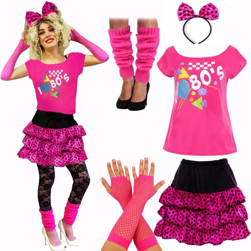 80's FANCY DRESS 6 PIECE LADIES RARA COSTUME NEON 80S SET NEON PINK | eBay