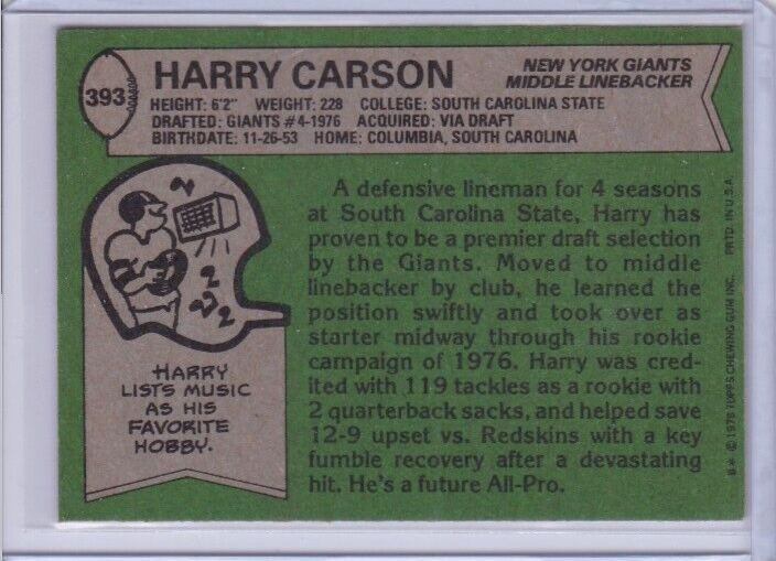 1978 Topps Football Card #393 HARRY CARSON GIANTS HOF NRMT | eBay