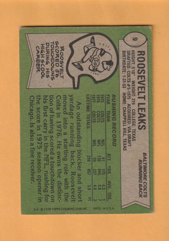 Roosevelt Leaks Baltimore Colts AUTO Signed 1978 Topps Brenham Texas ...