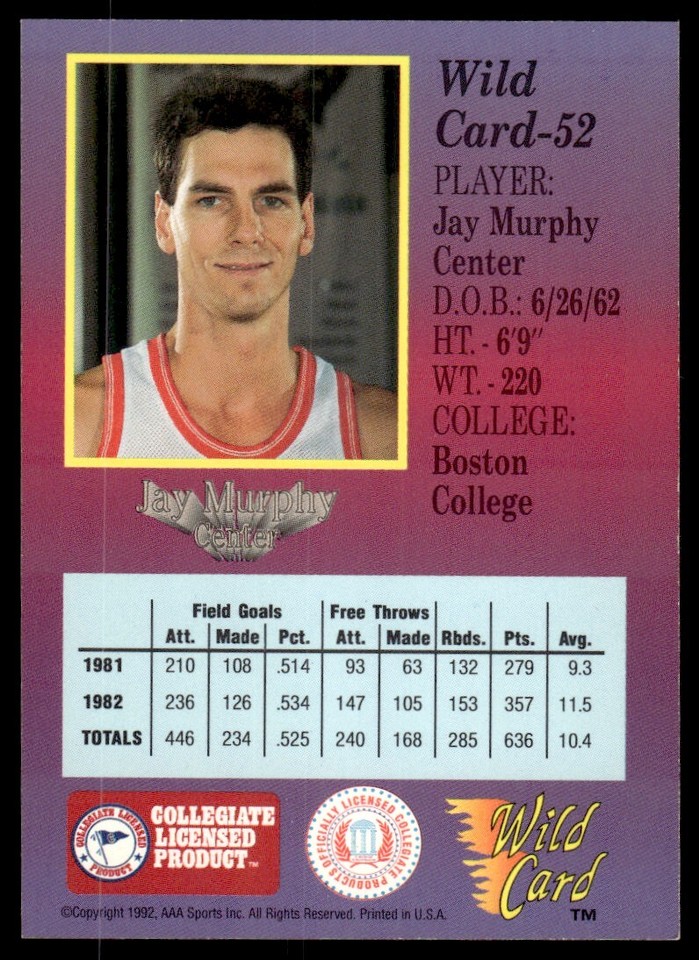 1991-92 Wild Card Jay Murphy Boston College Eagles #52 | eBay