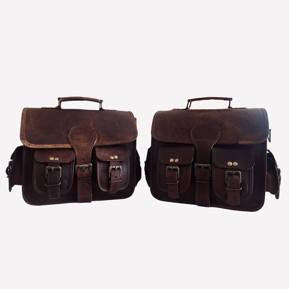 1 Pair Vintage Look Leather Real Motorcycle Saddle Bag Brown Swingarm 2 ...