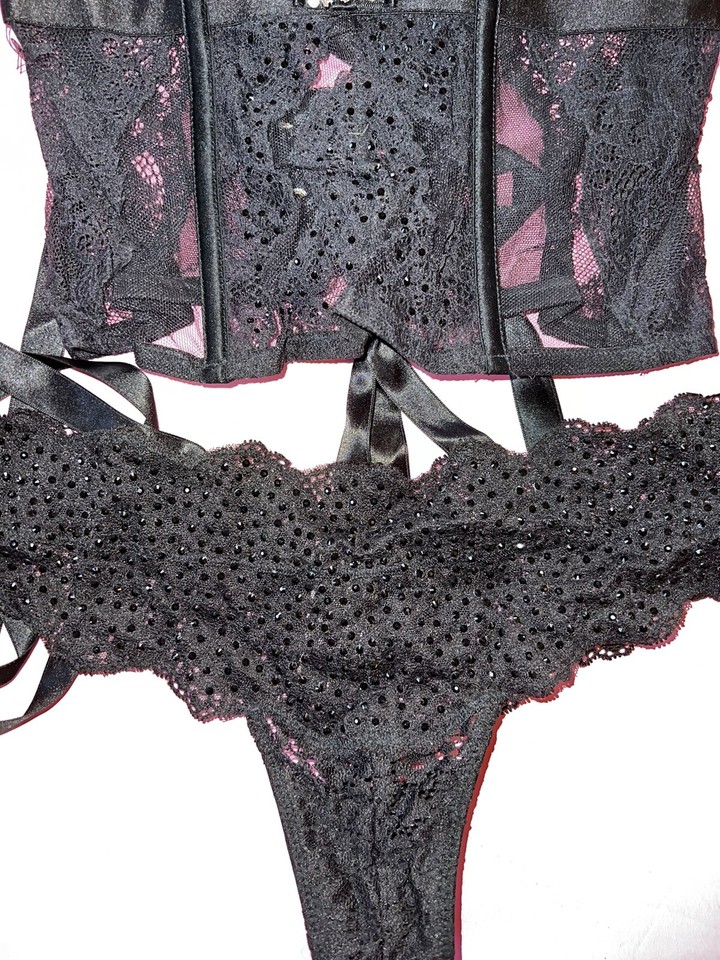 Victoria's Secret DESIGNER COLLECTION 32C CORSET SET S BLACK lace ...