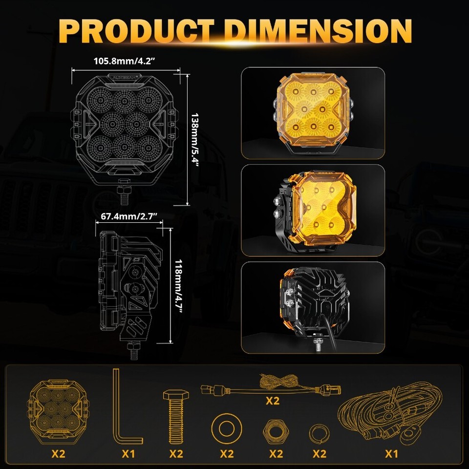 AUXBEAM 4" Square LED Work Lights Pods White Yellow Flood DRL Turn ...