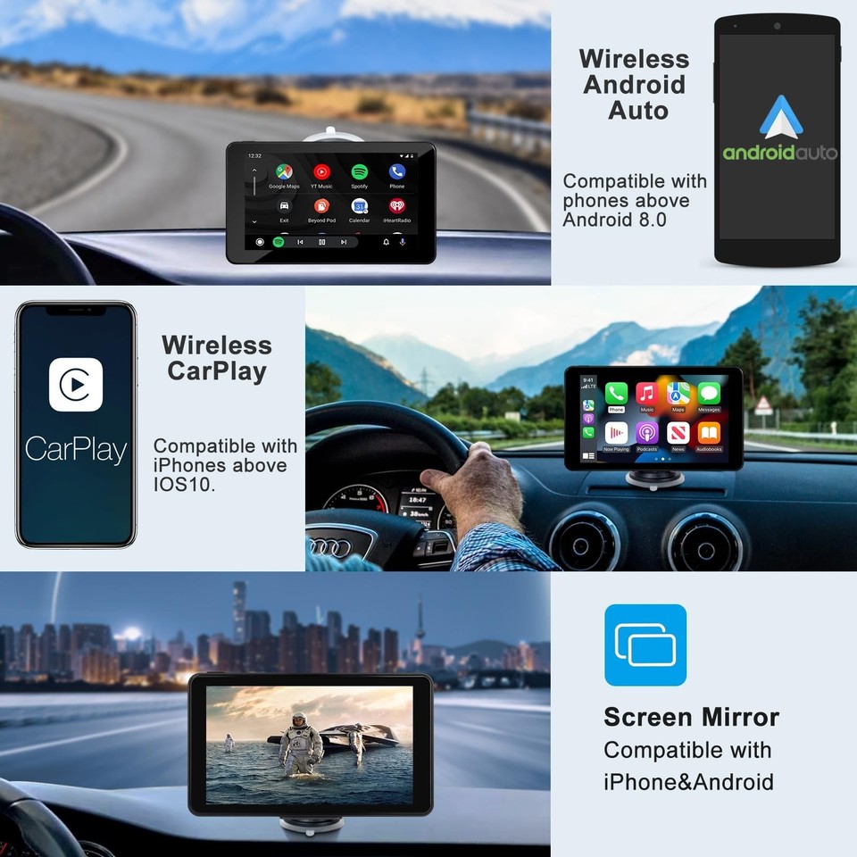 Wireless CarPlay Screen Android Auto for Car, 7" Touch Screen ...