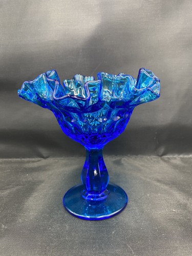 6” FENTON COLONIAL BLUE GLASS THUMBPRINT RUFFLED COMPOTE FOOTED CANDY ...