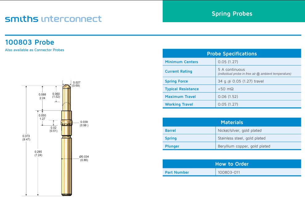 IDI, Smiths Interconnect, 100803 Spring Probe, 0.027, Gold Lot of 50 | eBay