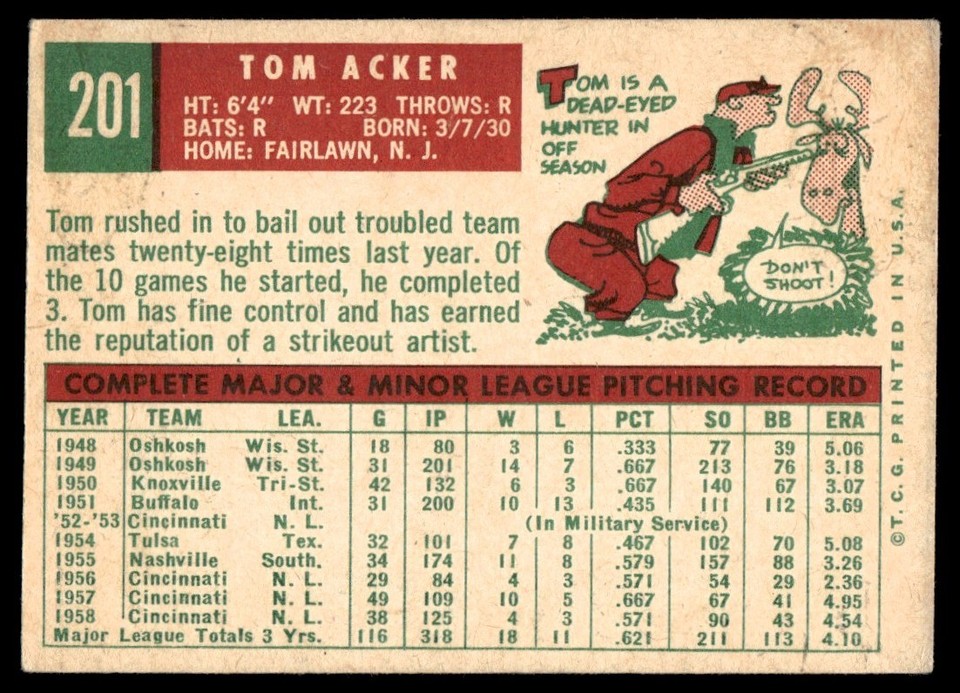 1959 Topps Tom Acker Cincinnati Redlegs #201 | eBay