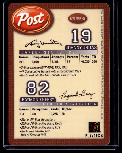 2002 Post Cereal #4 Johnny Unitas / Raymond Berry | eBay