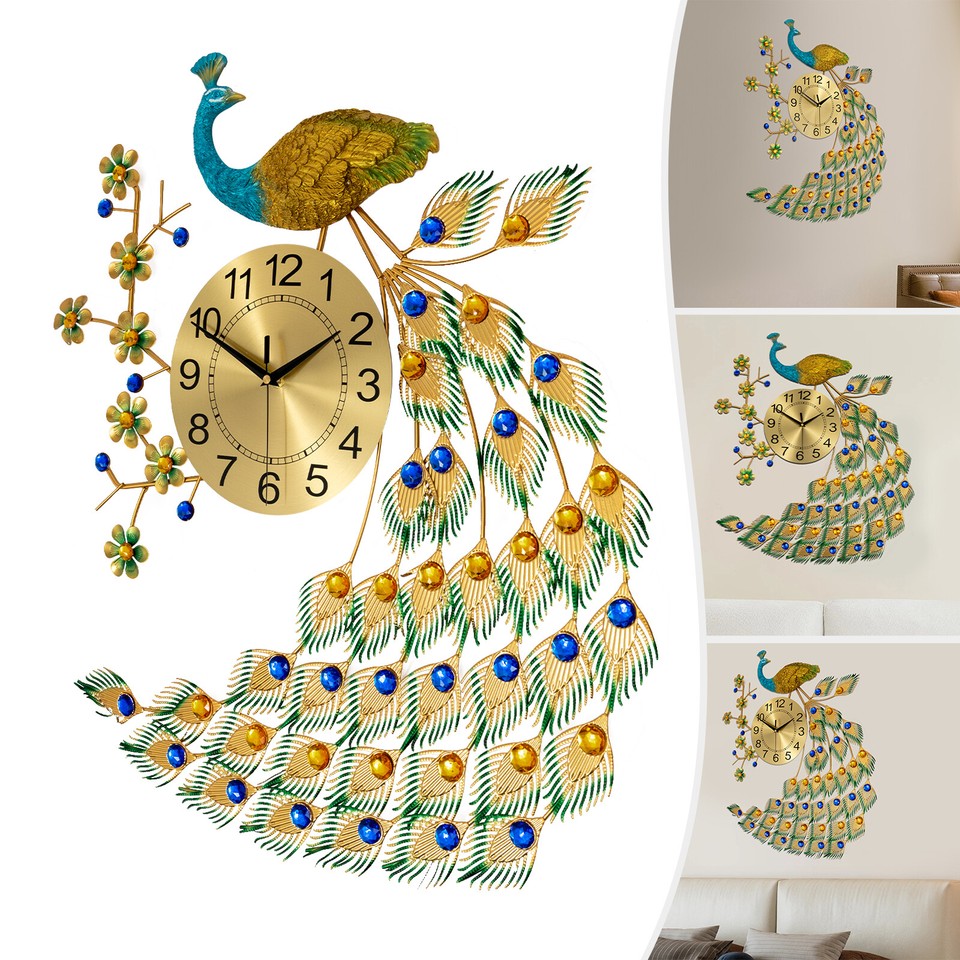 Luxury Large Wall Clock 3D Peacock Metal Wall Watch Living Room Wall ...