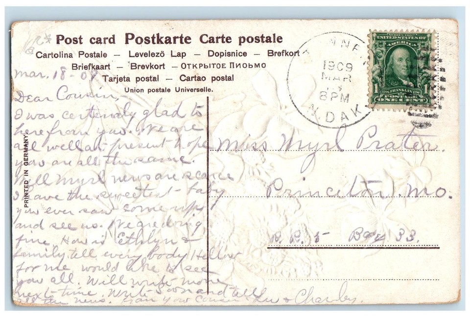Towner North Dakota ND Postcard Greetings Embossed Flowers Leaves 1909 ...