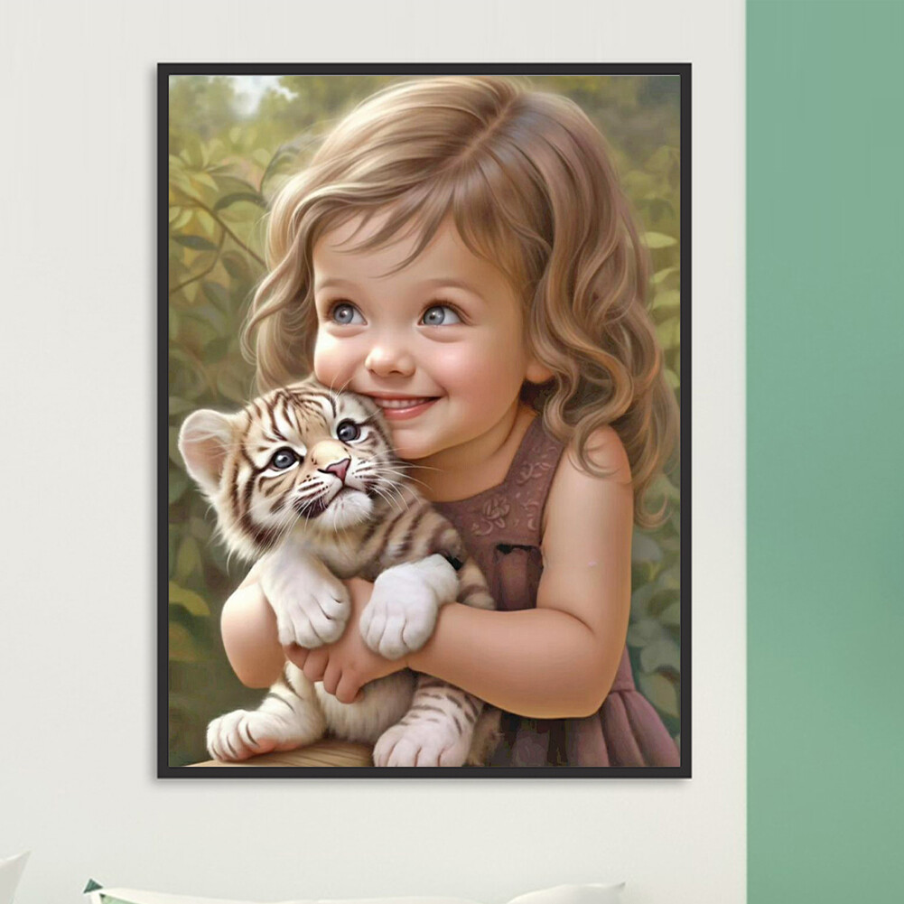 5D DIY Full Round Drill Diamond Painting Little Girl Hold A Tiger Decor ...