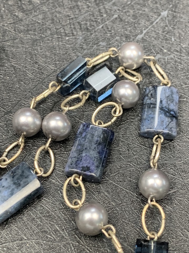 Polished Blue Stone Dumortierite Beaded Crystal Silver tone Necklace 18 ...