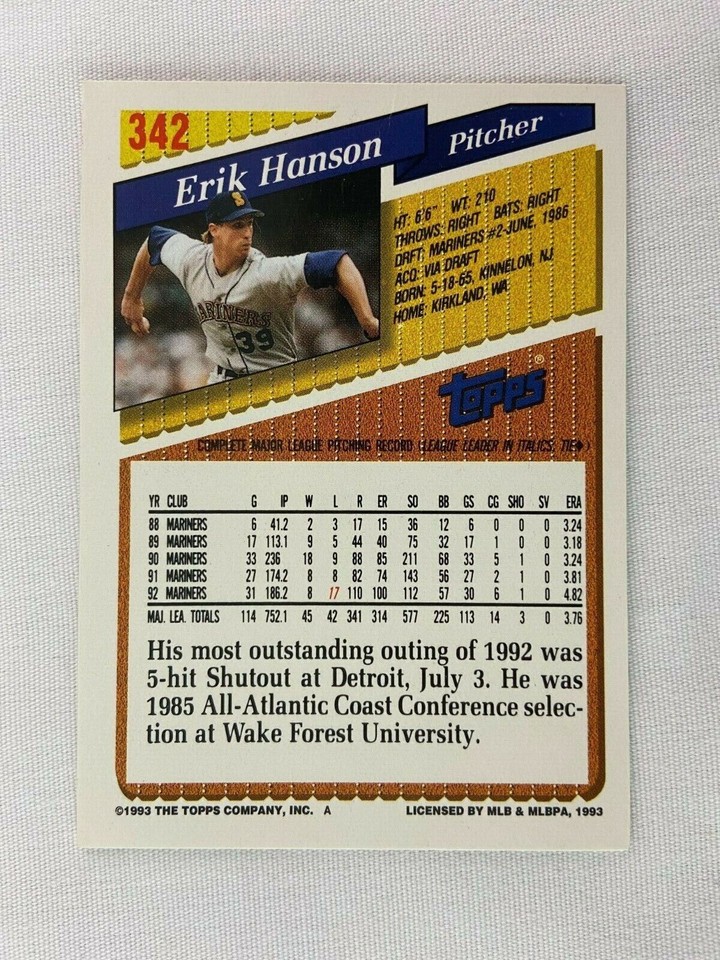 Erik Hanson Seattle Mariners 1993 Topps Baseball Card 342 | eBay