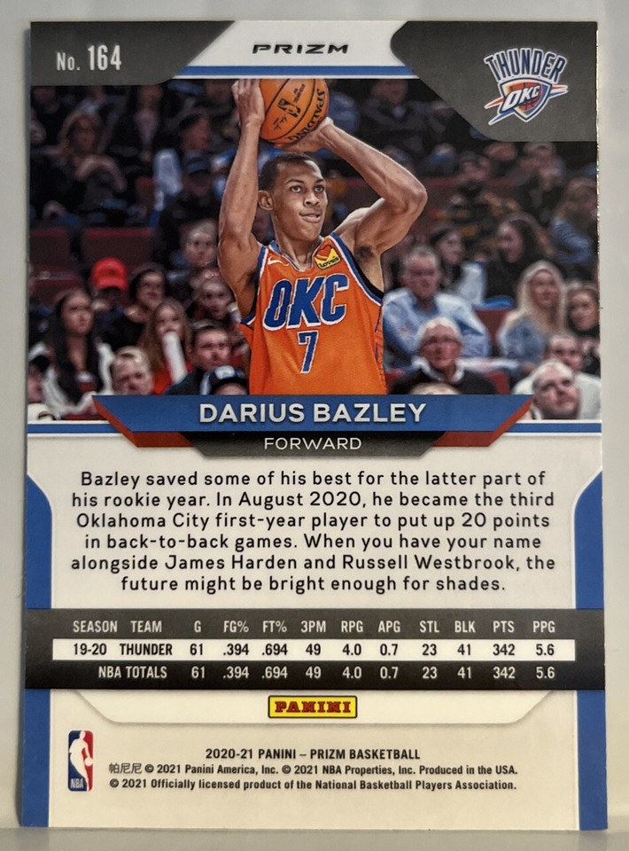 Darius Bazley 2020-21 Panini Prizm Silver Holo #164 Oklahoma City ...