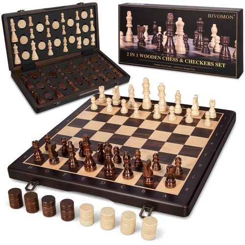 2 in 1 Wooden Magnetic Chess Set & Checkers Board Game-15'' Foldable ...